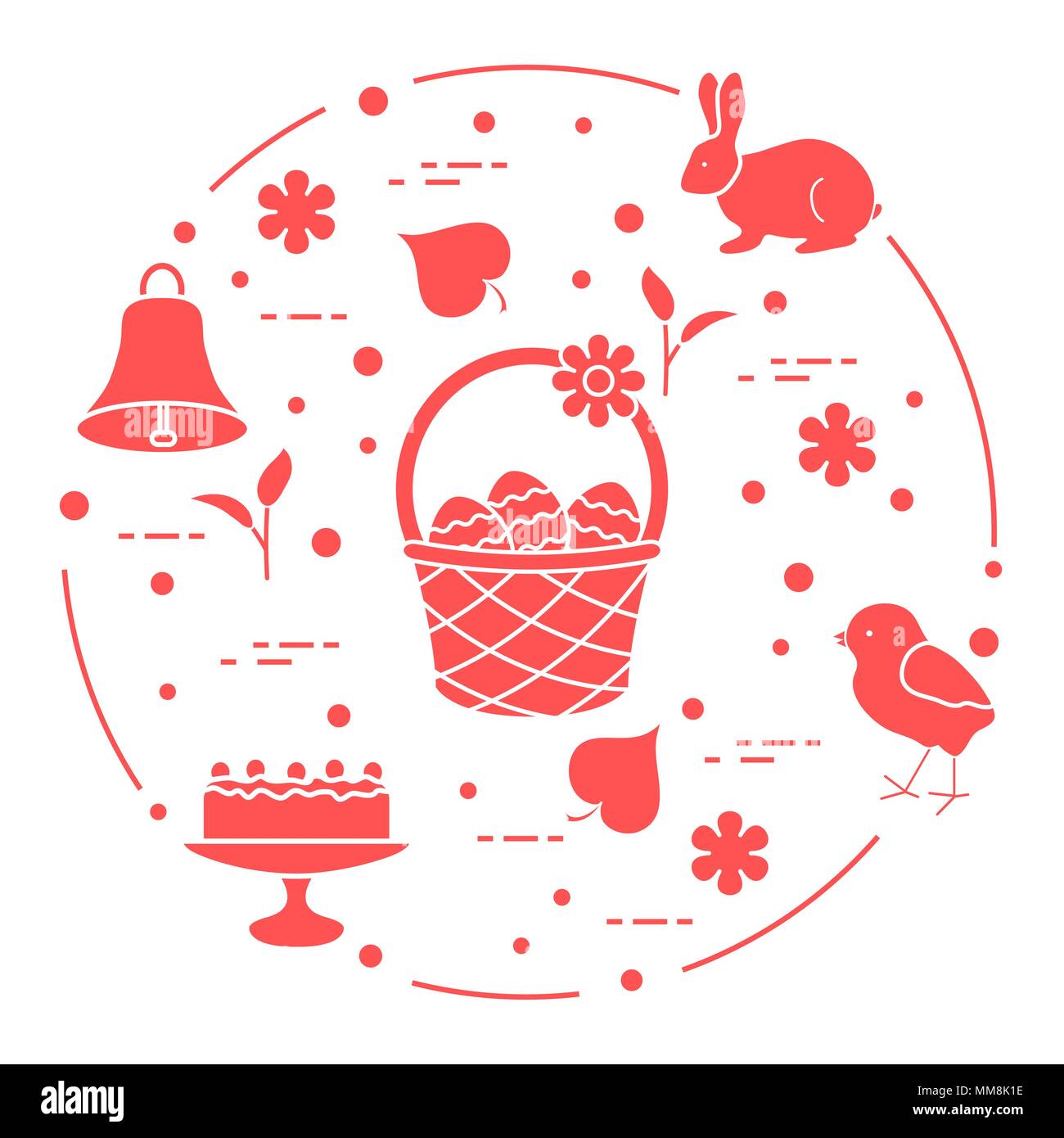 Easter symbols. Simnel cake, basket, eggs, bell, rabbit, chick, flowers ...