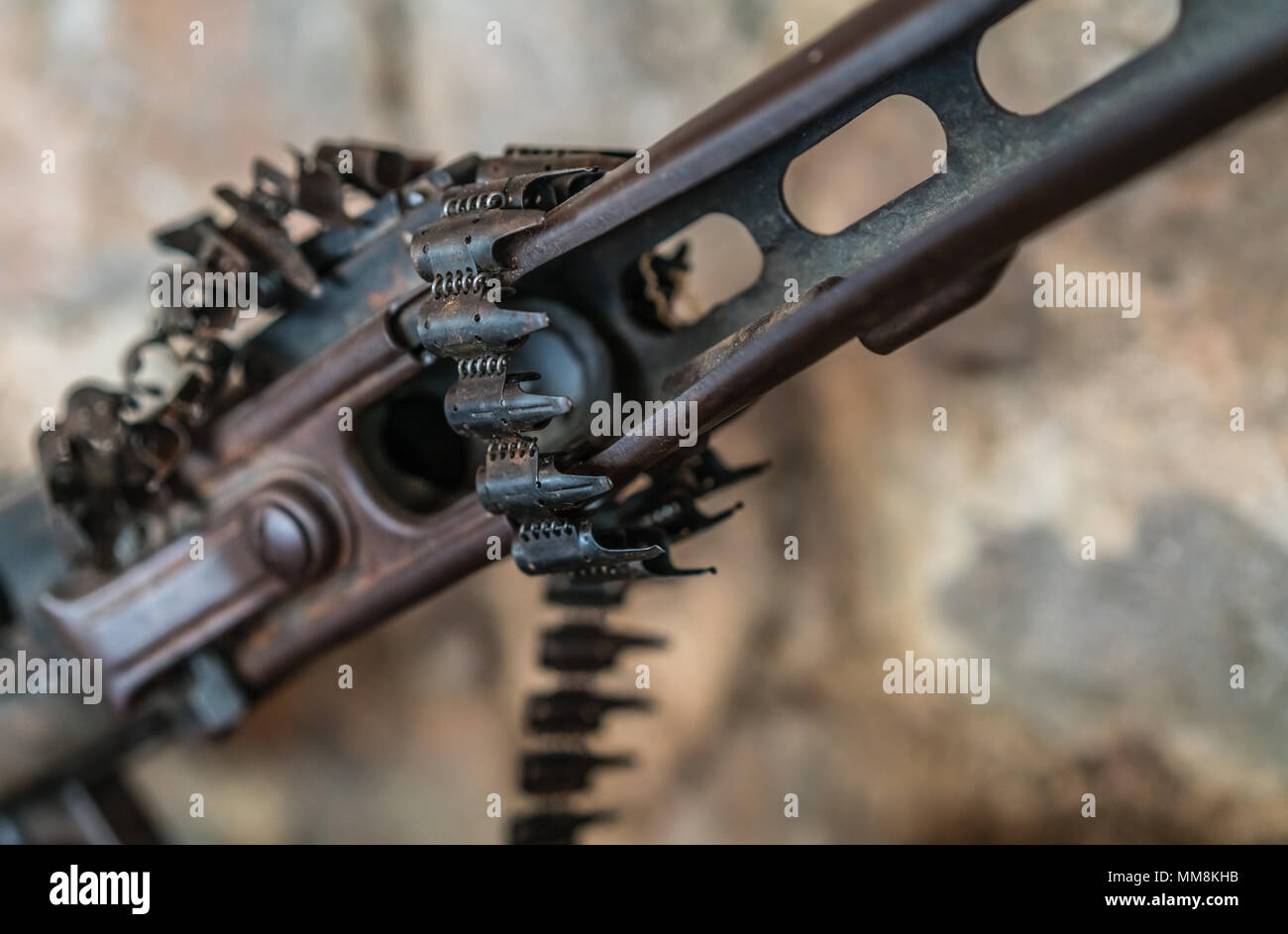 Detail of an old disused machine gun used in Balkan war in Serbia on ...