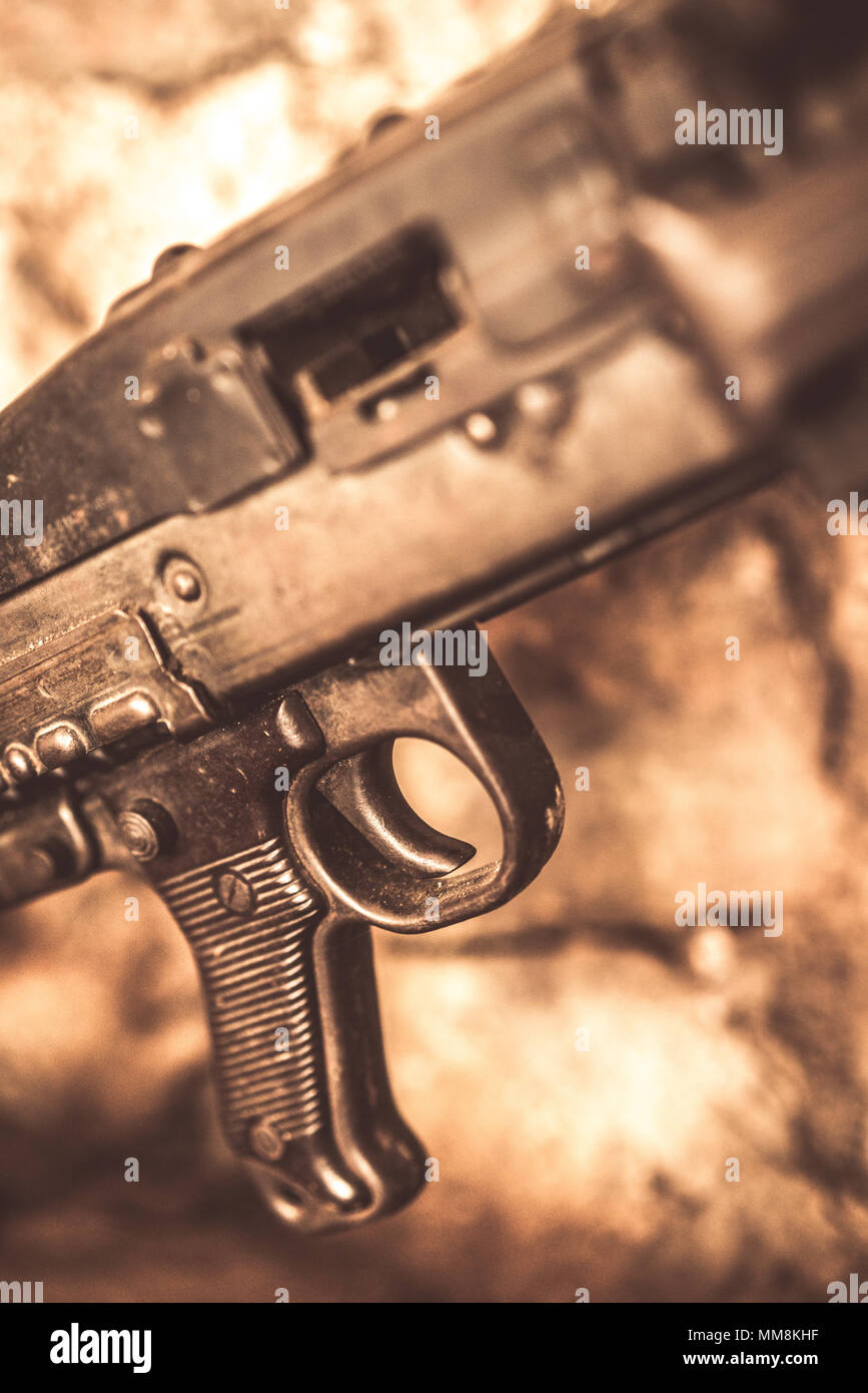 Detail of an old disused machine gun used in Balkan war in Serbia on ...