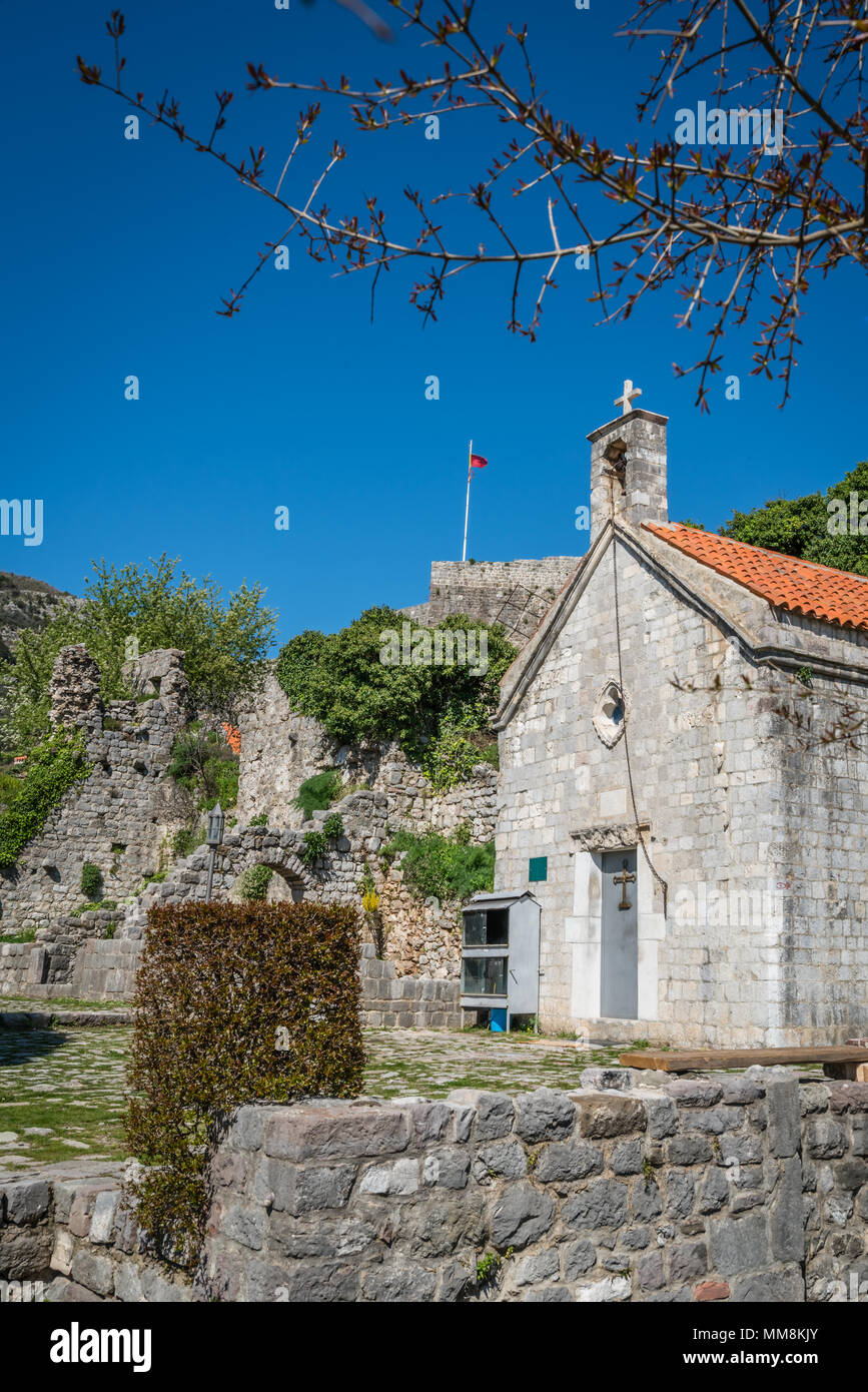 The ruins of the old church and city walls in Stari Bar town near Bar ...