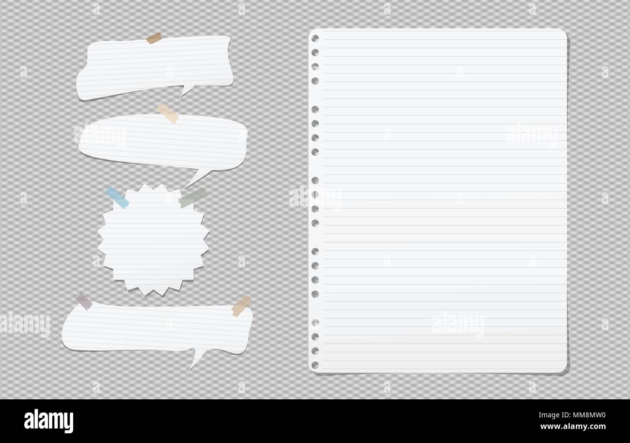 White lined note, notebook paper with speech bubbles for text stuck on ...
