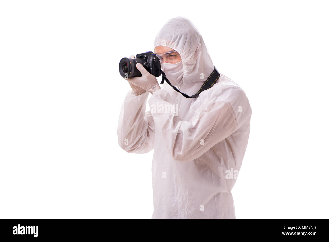 Forensic specialist in protective suit taking photos on white Stock ...