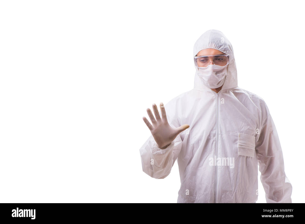 Man in protective suit isolated on white background Stock Photo - Alamy