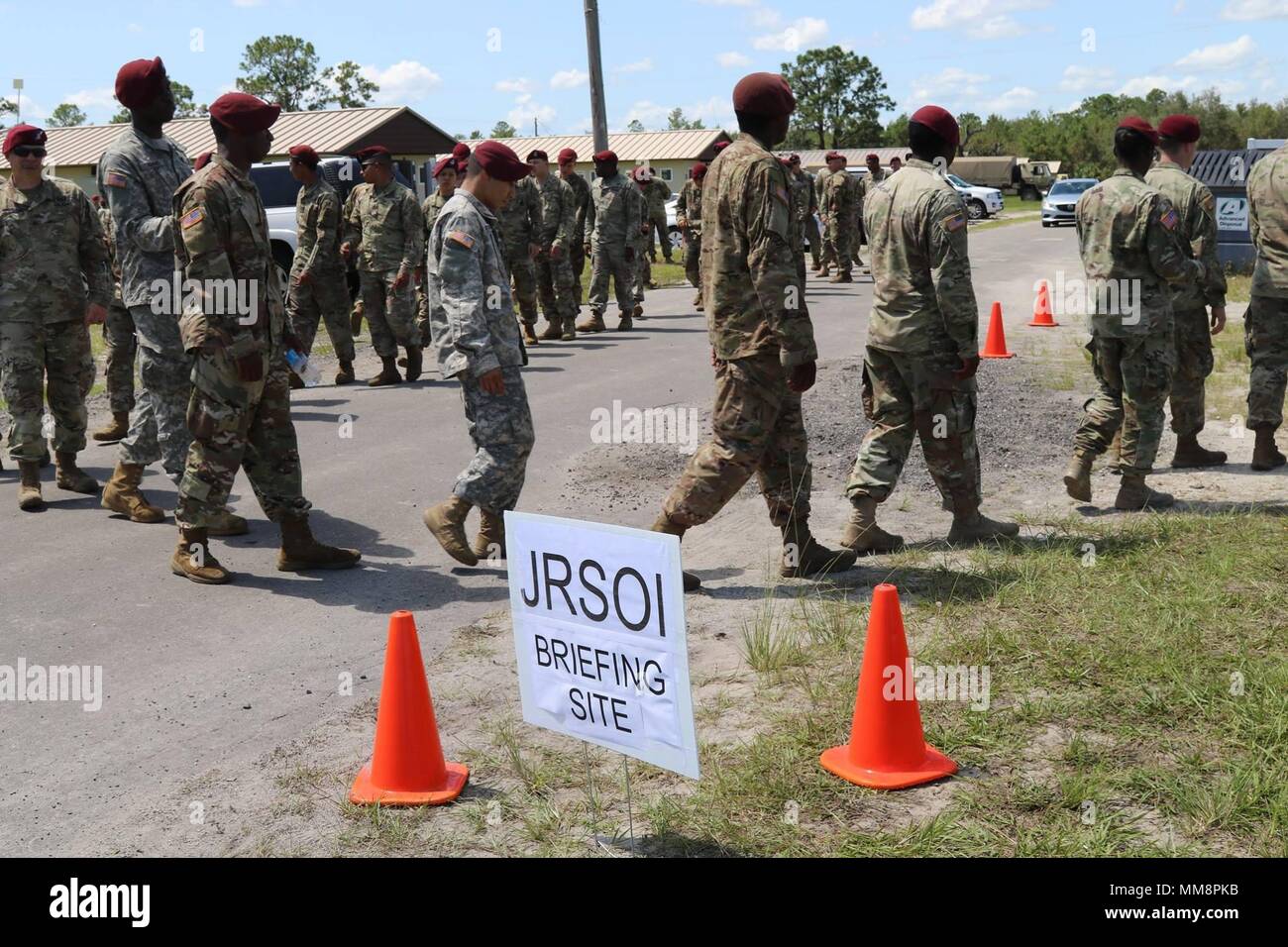 Soldiers with the 82nd Airborne Division attend an in-processing brief ...