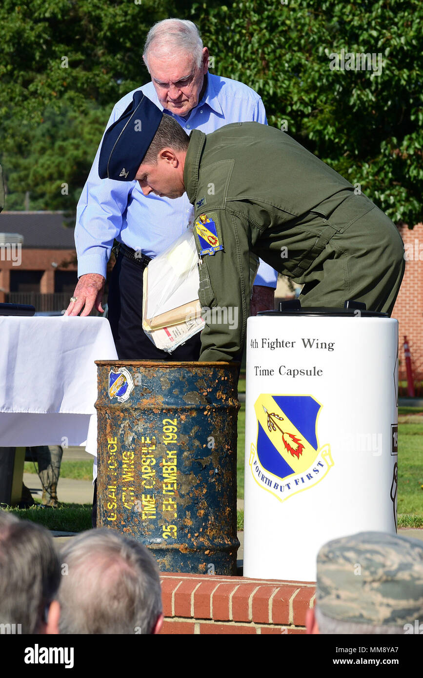 Col. Christopher Sage, 4th Fighter Wing commander, unveils the contents ...