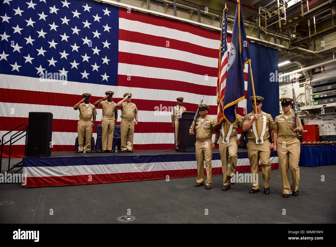 ATLANTIC OCEAN (Sept. 16, 2017) A chief petty officer (CPO) color guard ...