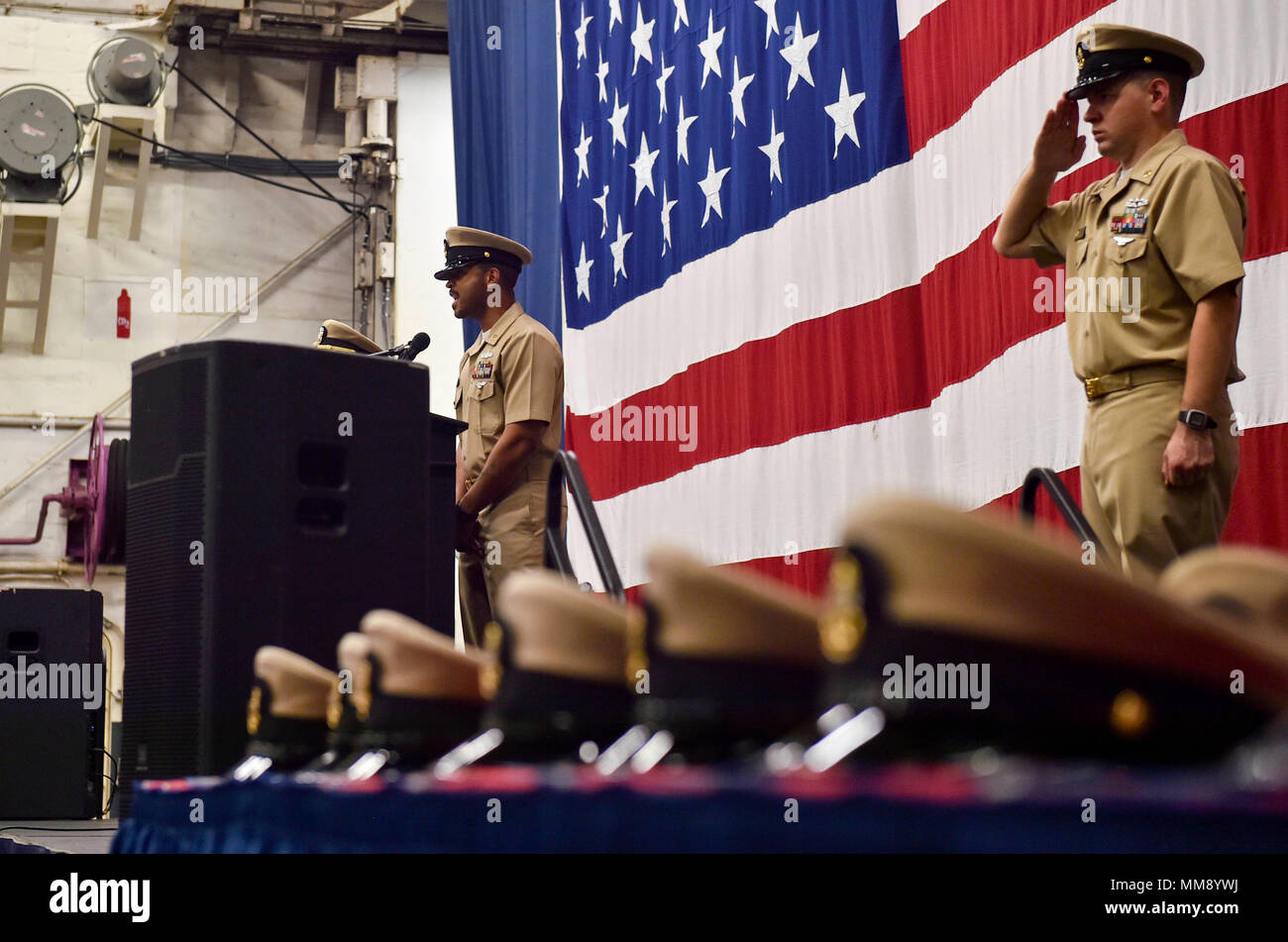 ATLANTIC OCEAN (Sept. 16, 2017) Chief Quartermaster Jeffery Ball sings ...