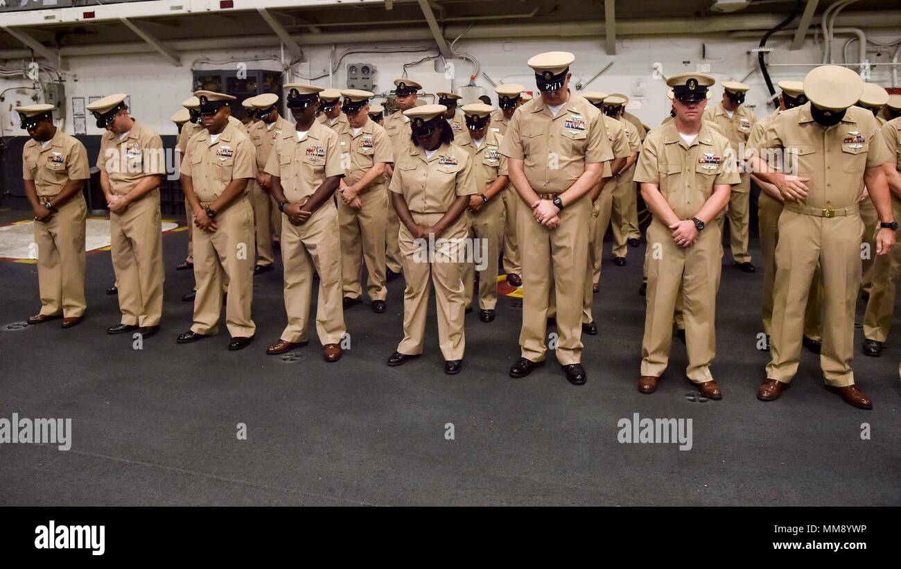 ATLANTIC OCEAN (Sept. 16, 2017) Newly-pinned chief petty officers (CPO ...