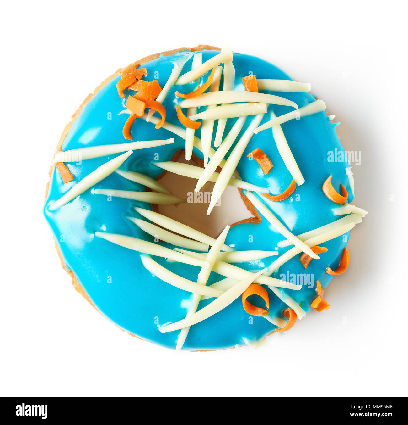 Blue donut with white chocolate isolated on white background, top view ...