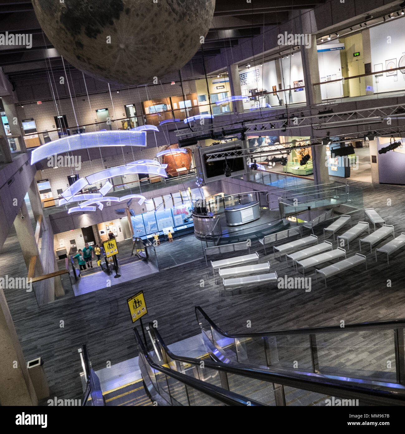 Main hall of the Boston Museum of Science at night, showing three ...