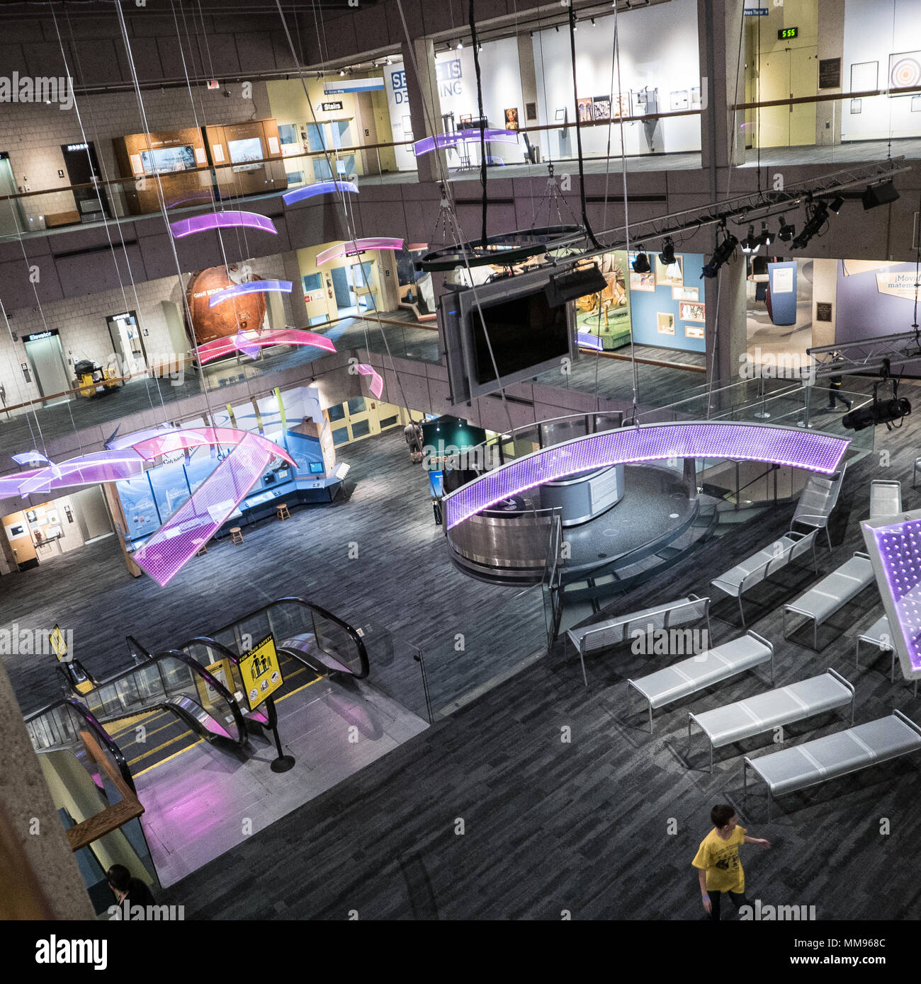 Main hall of the Boston Museum of Science at night, showing three ...