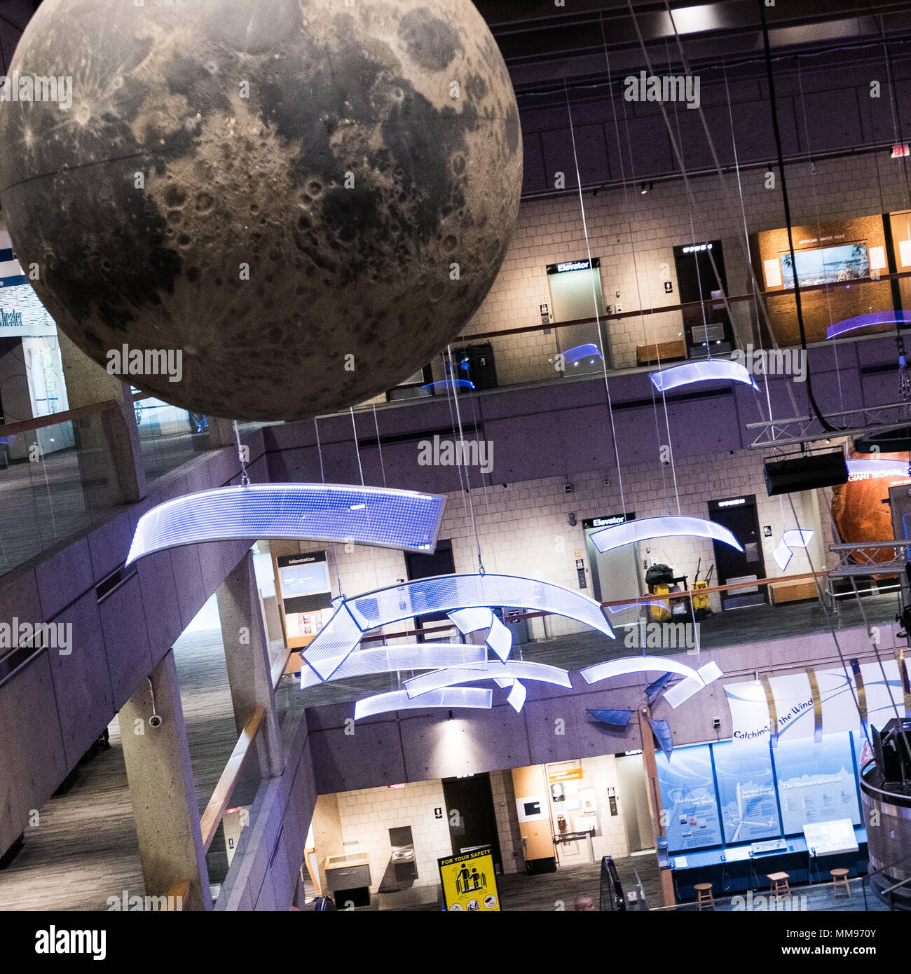 Main hall of the Boston Museum of Science at night, showing three ...