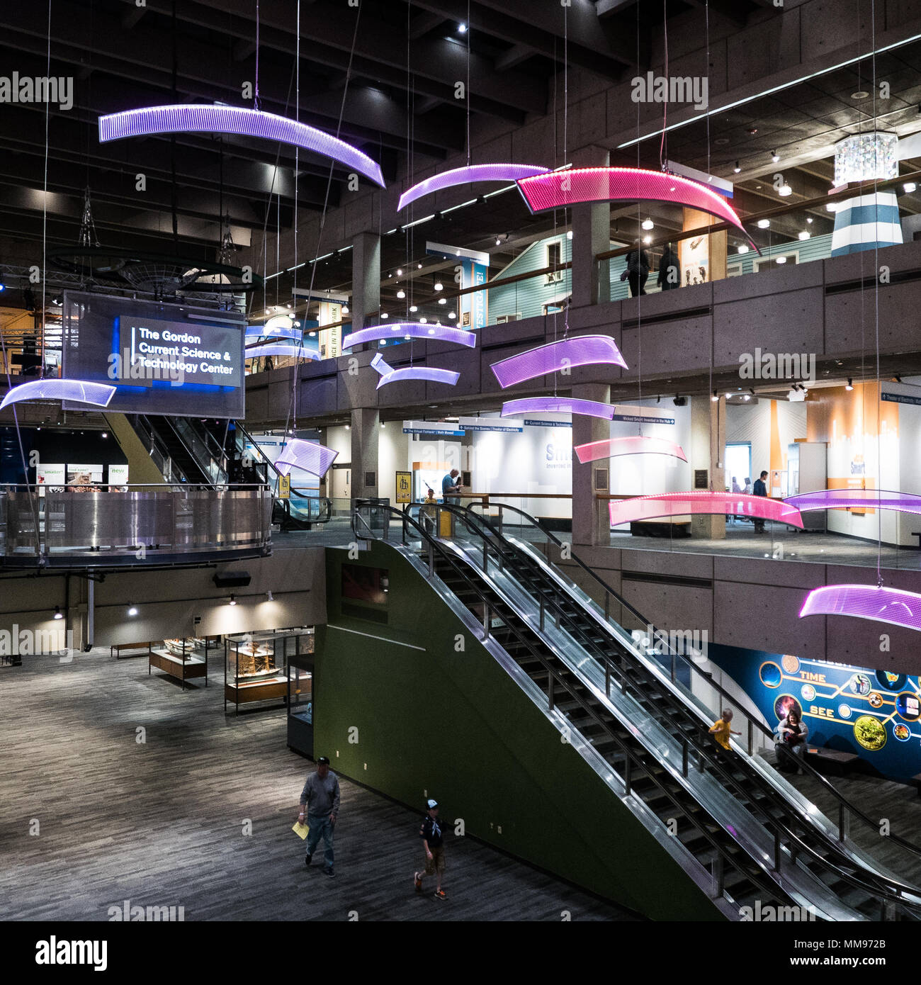 Main hall of the Boston Museum of Science at night, showing three ...
