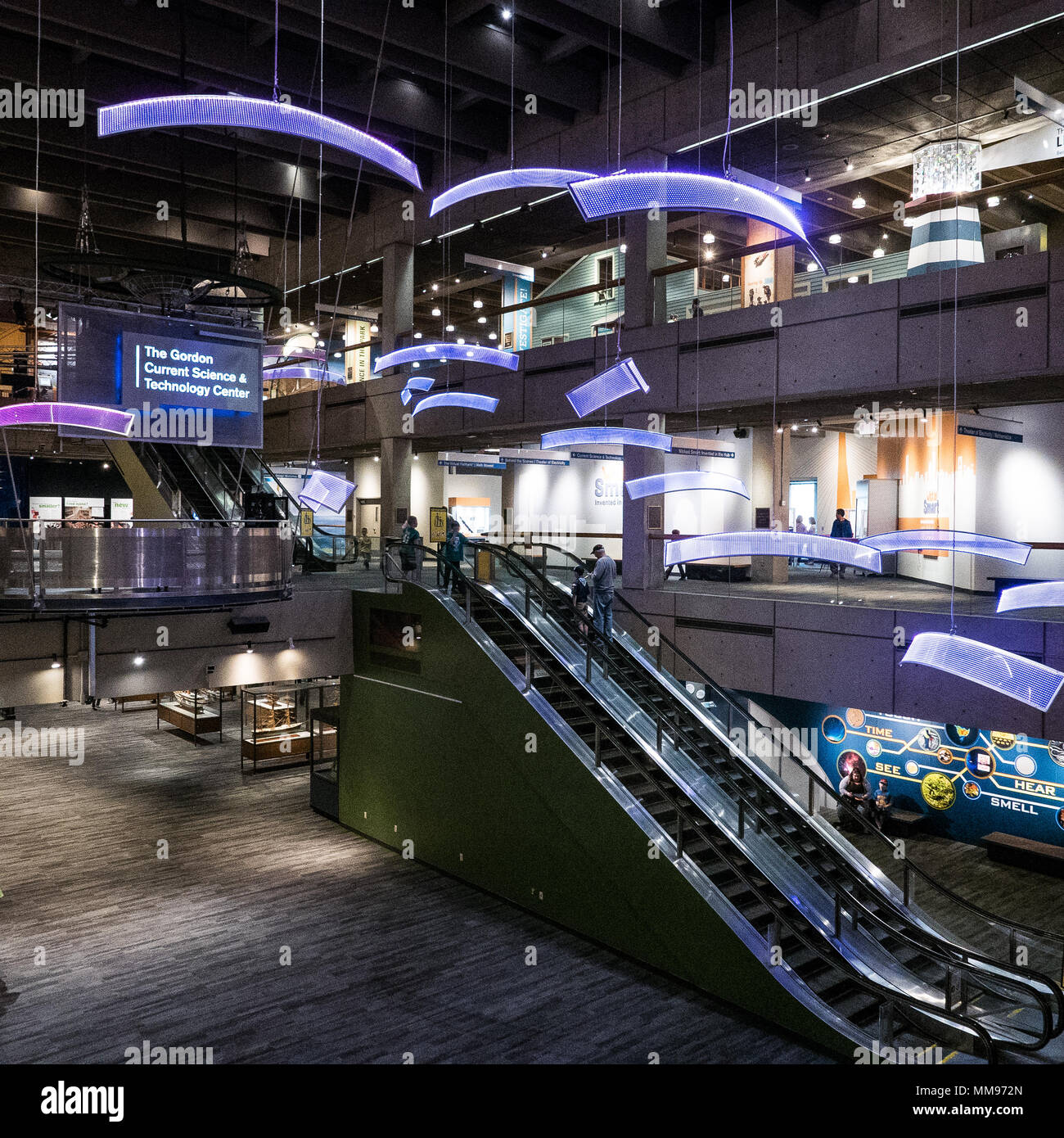 Main hall of the Boston Museum of Science at night, showing three ...