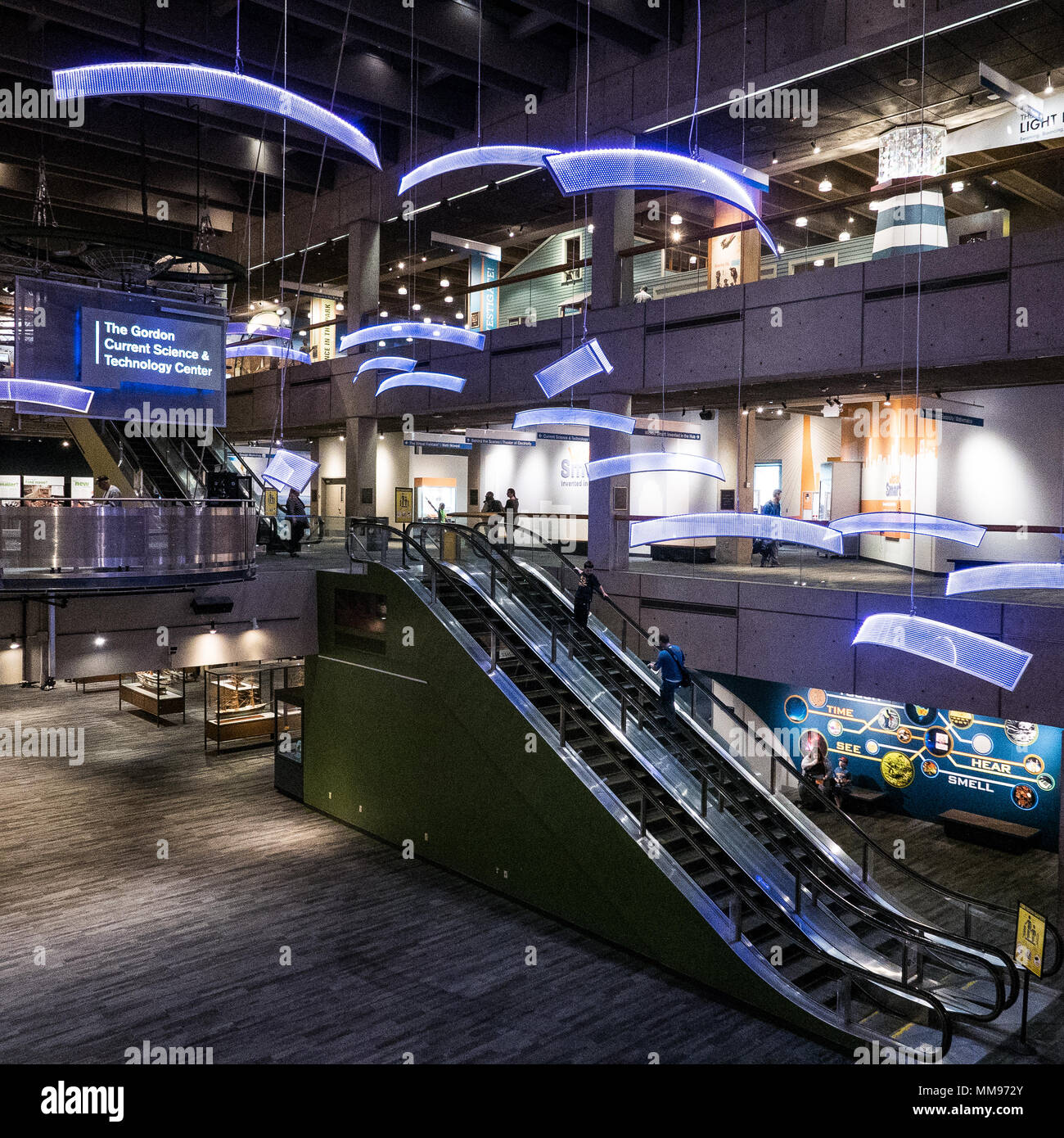 Main hall of the Boston Museum of Science at night, showing three ...