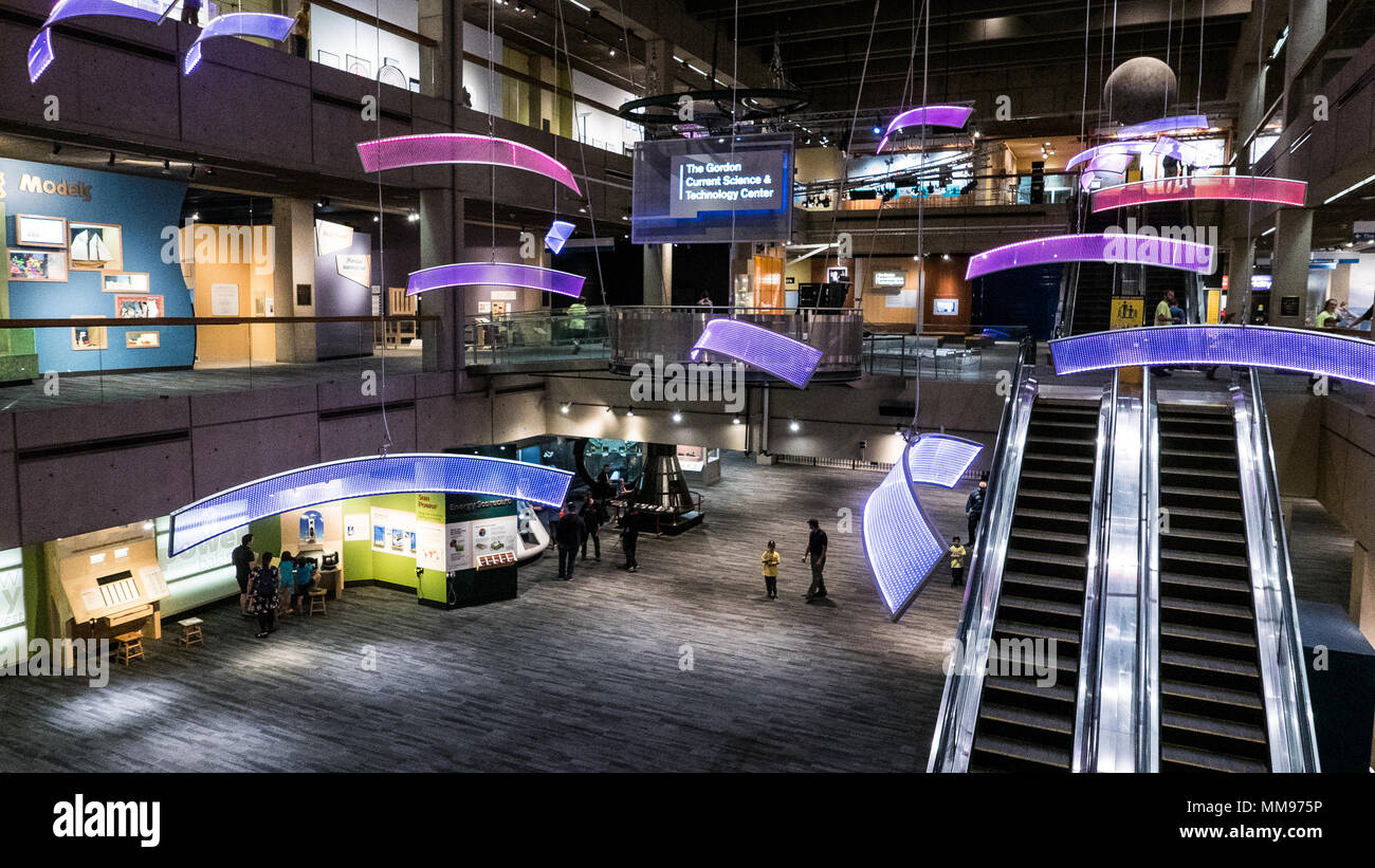 Main hall of the Boston Museum of Science at night, showing three ...