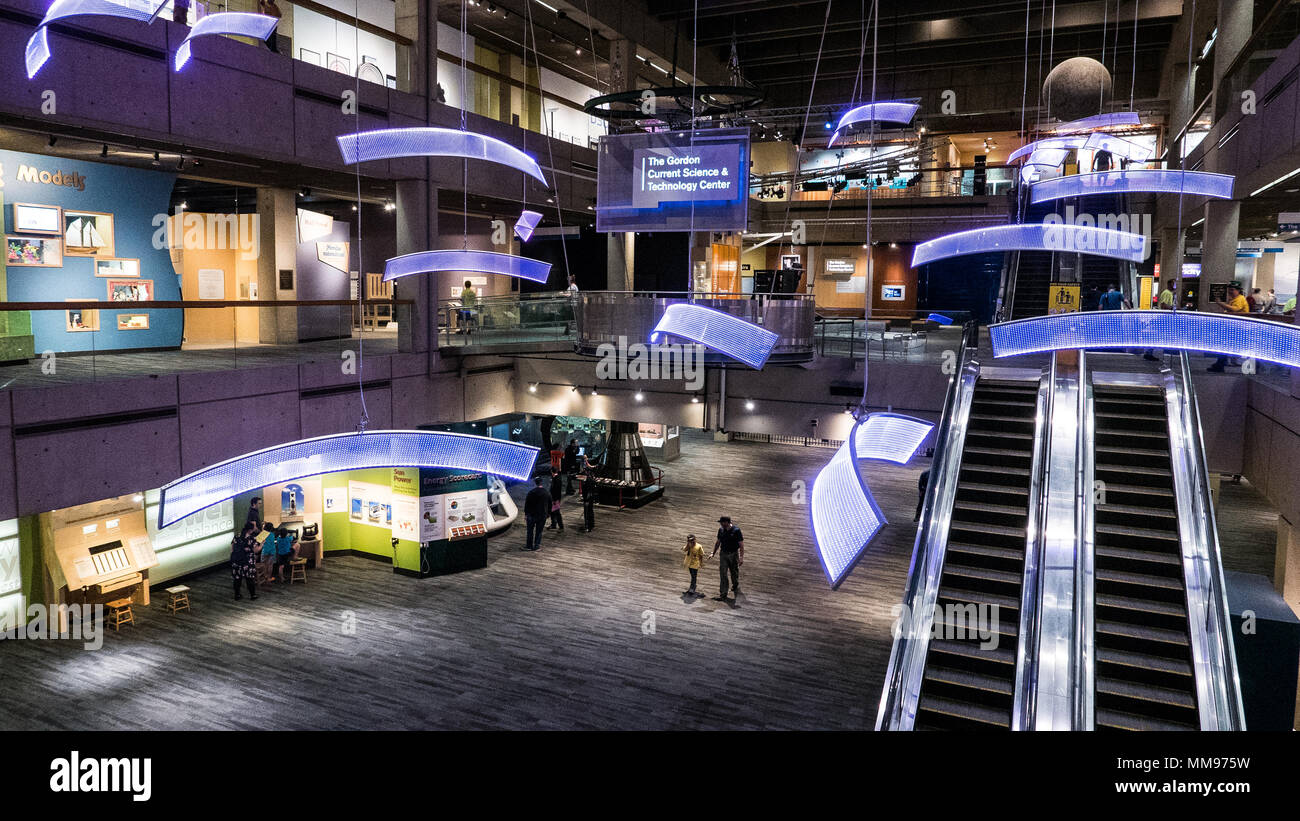 Main hall of the Boston Museum of Science at night, showing three ...