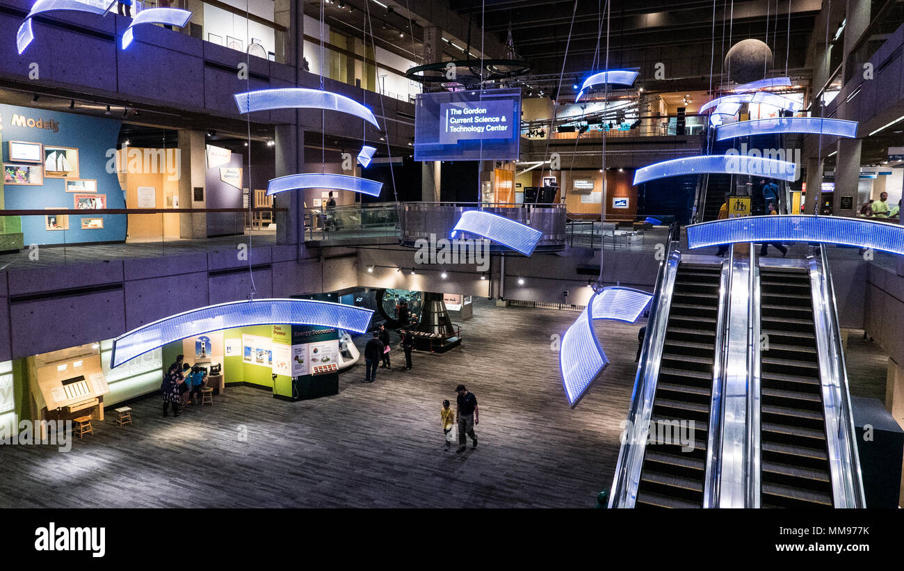 Main hall of the Boston Museum of Science at night, showing three ...