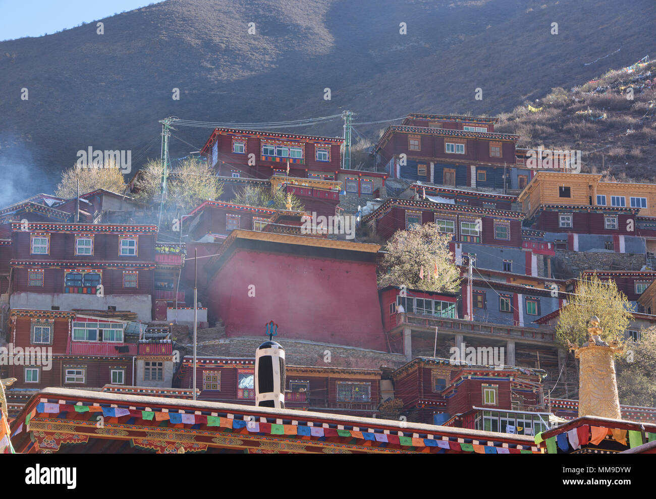 Colourful timber homes in Dege, Sichuan, China Stock Photo - Alamy