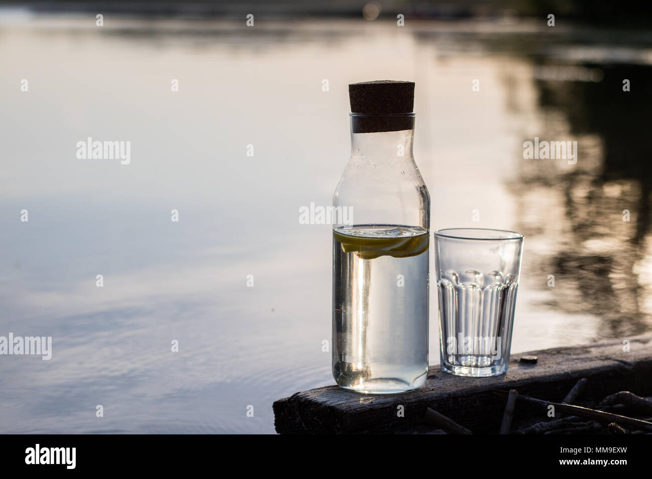 A bottle of water with lemon and a glass. Bridge on which stands a ...