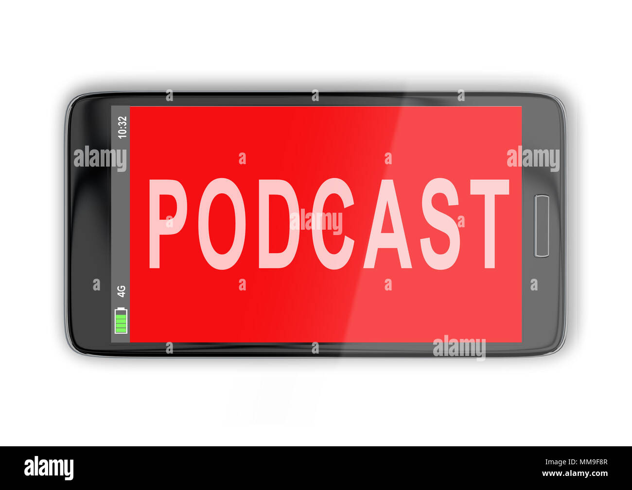 3D illustration of PODCAST title on cellular screen, isolated on white ...