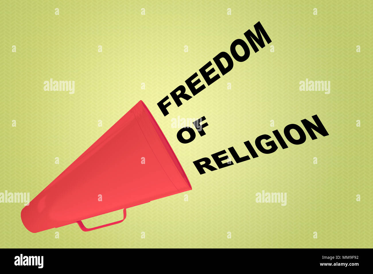 3D illustration of FREEDOM OF RELIGION title flowing from a loudspeaker ...