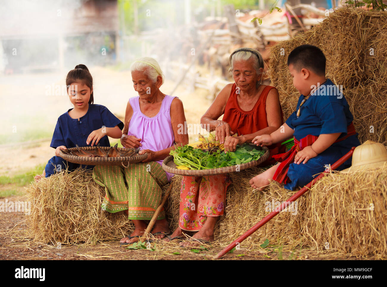 Traditional Asian Thai rural daily life, grandchildren in cultural ...