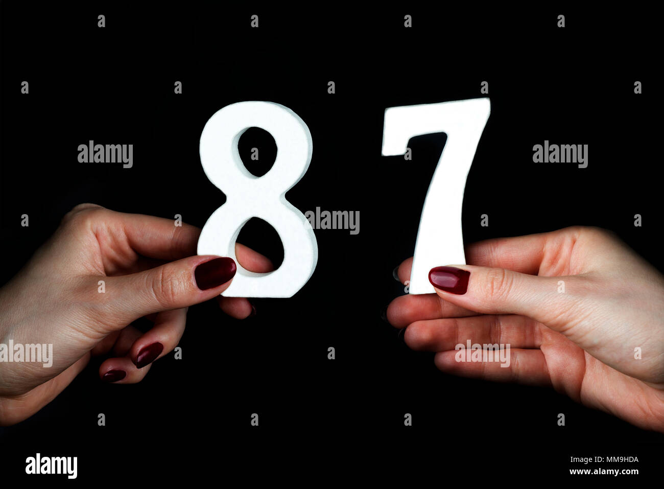 On a black background, female hand with numbers eighty-seven Stock ...