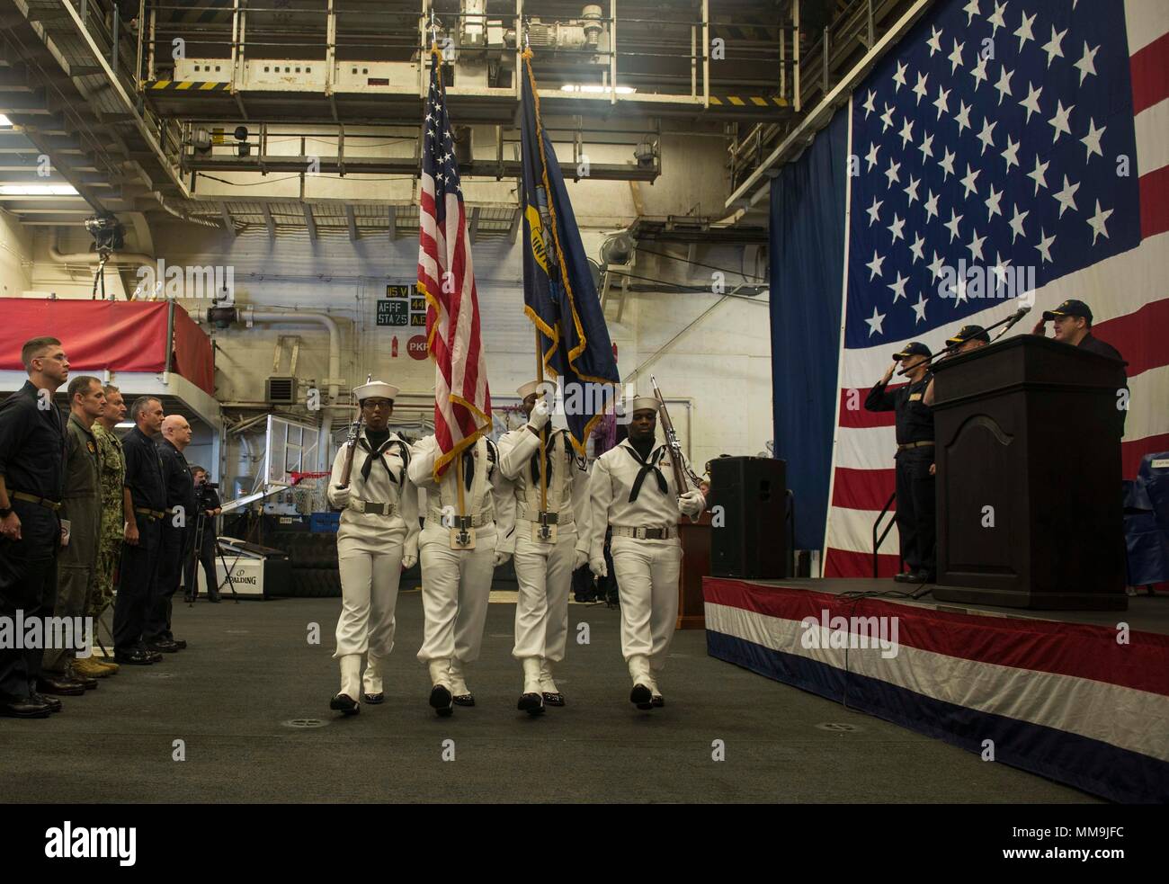 ATLANTIC OCEAN (Sept. 19, 2017) The color guard parades the colors during the playing of the ...