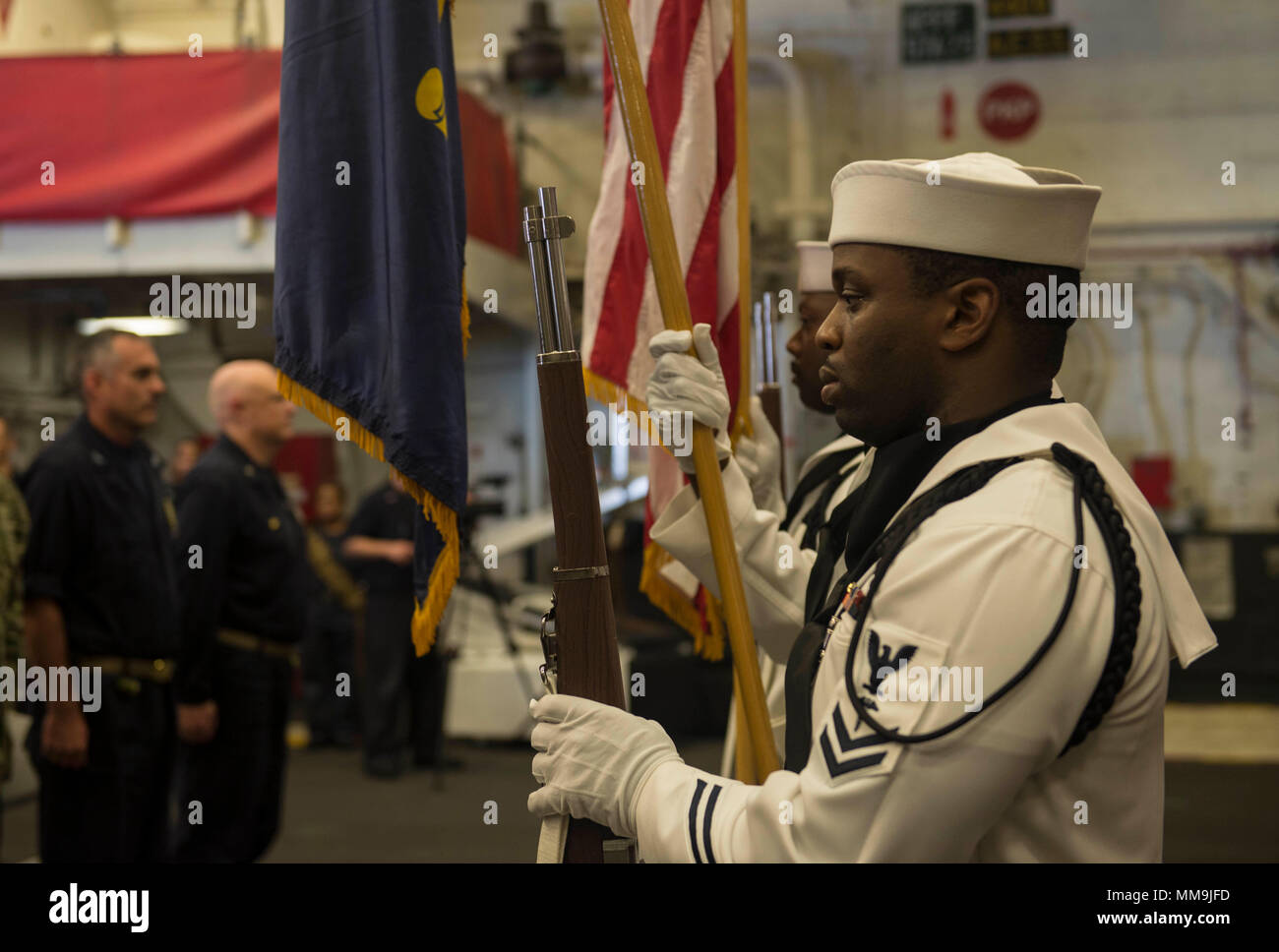 ATLANTIC OCEAN (Sept. 19, 2017) The color guard parades the colors during the playing of the ...