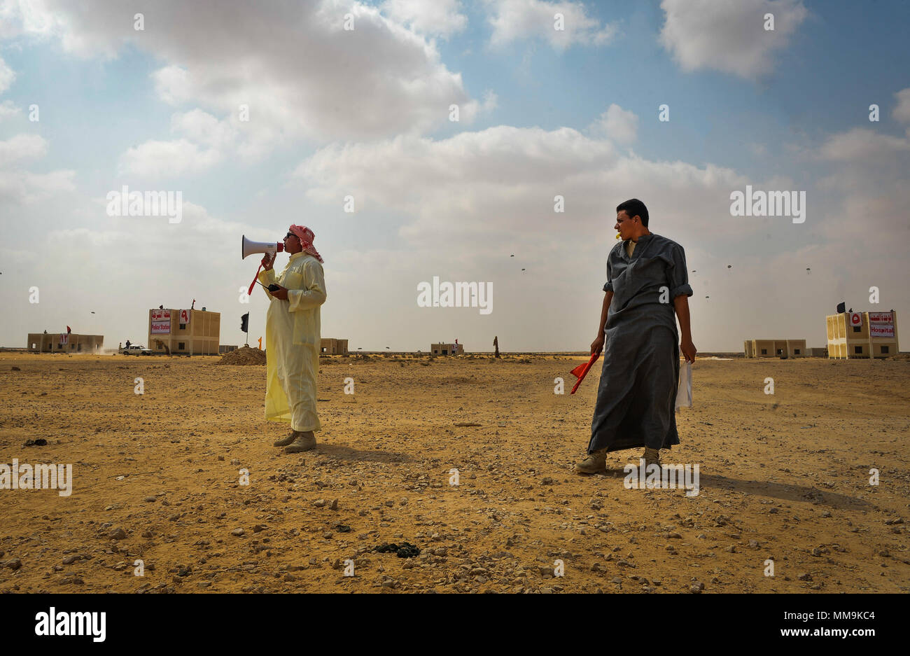 An Egyptian military officer gives exercise commands during an Egyptian ...