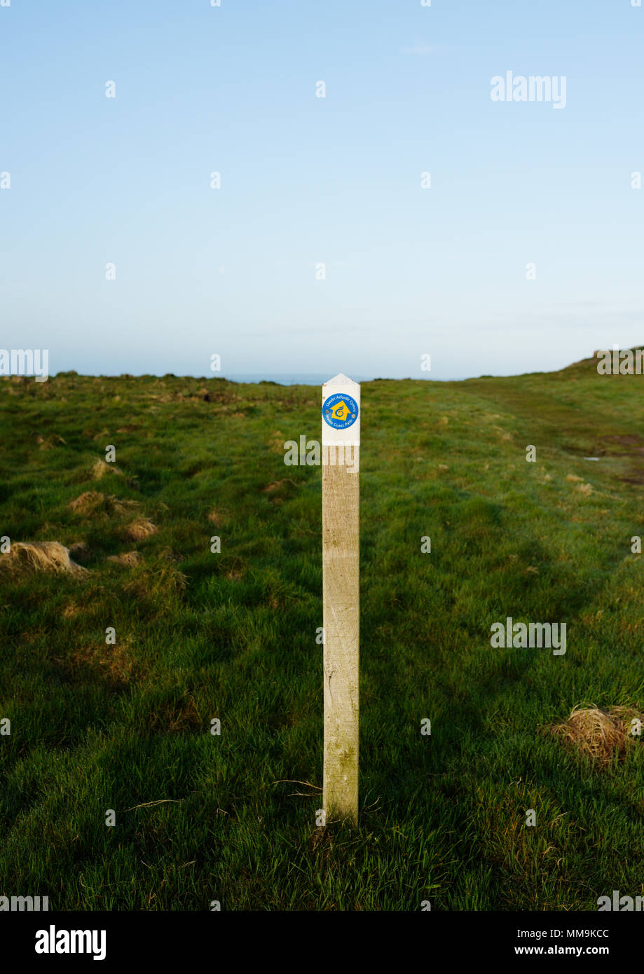 Signpost on wales coast path with yellow footpath direction arrow in ...