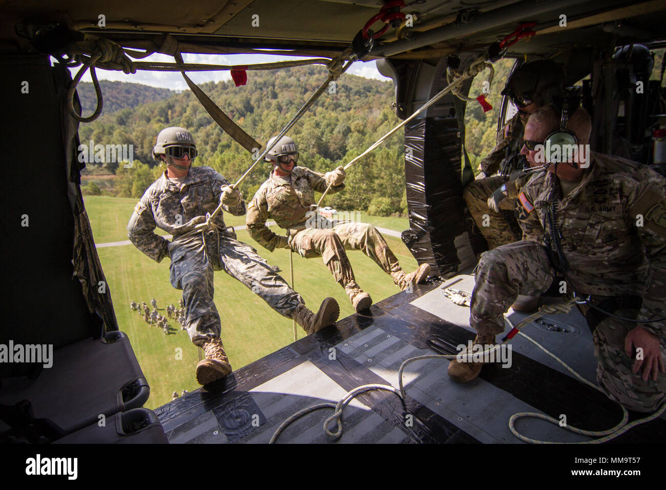 U.S. Soldiers in Air Assault class 307-17 rappel from a UH-60 Black ...
