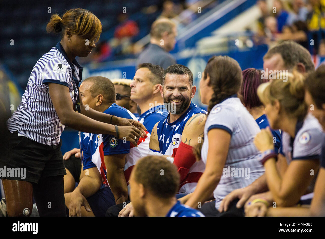 U.S. Marine Corps veteran Andrew Cordova attends the Sitting Volleyball ...