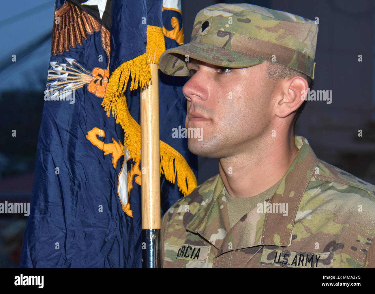 An Army National Guard guidon bearer assigned to the 1st Battalion ...