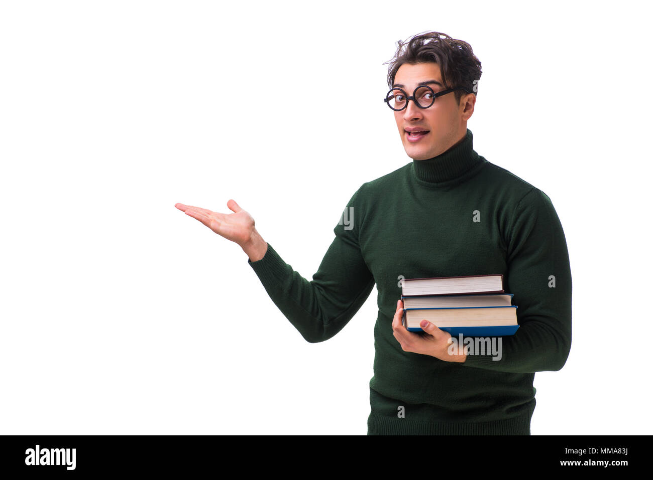 Nerd young student with books isolated on white Stock Photo - Alamy