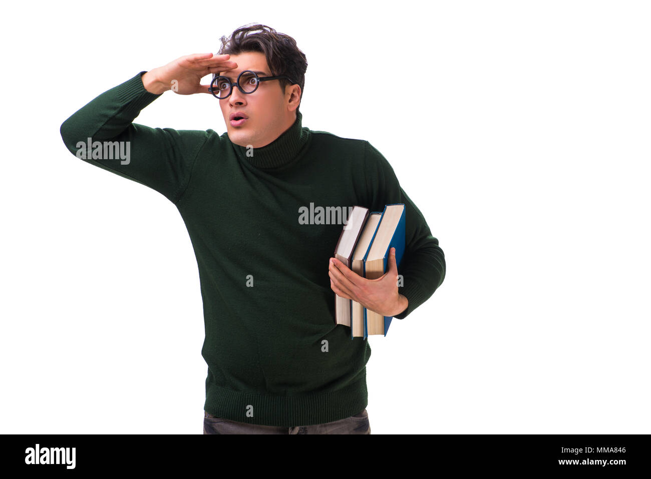Nerd young student with books isolated on white Stock Photo - Alamy