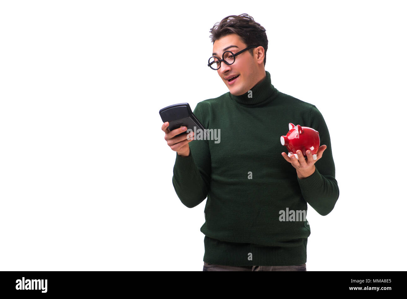 Nerd young man with piggybank isolated on white Stock Photo - Alamy