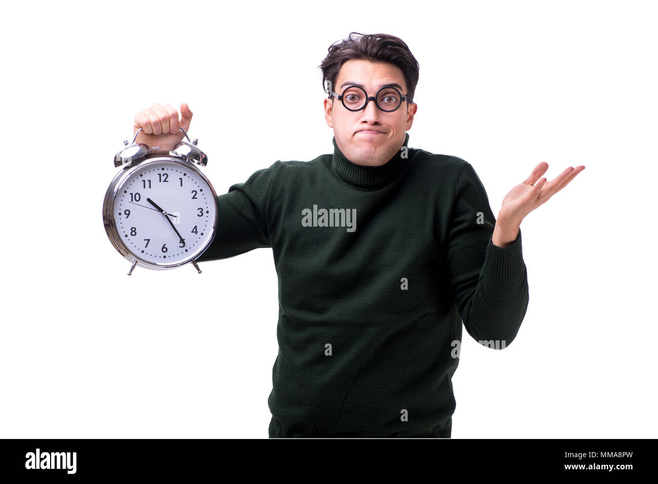 Nerd young money with giant clock isolated on white Stock Photo - Alamy