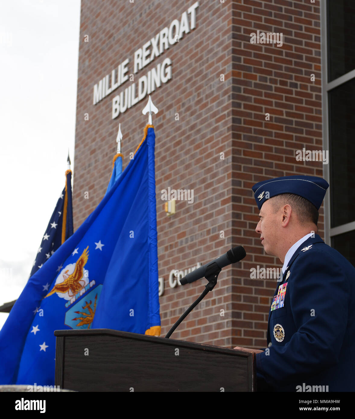 Col. John Edwards, commander of the 28th Bomb Wing, provides remarks on ...