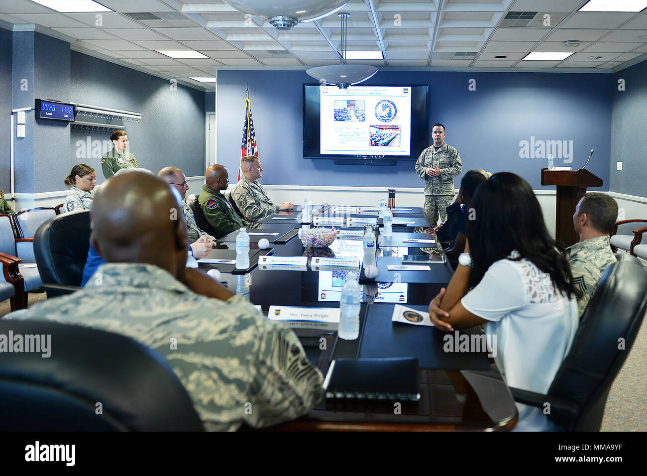Maj. Michael Shick, 55th Wing warrior advocacy director, speaks to ...