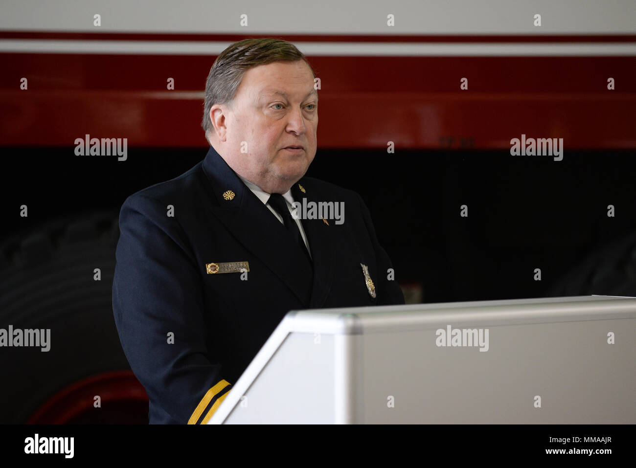 David Eblin, Offutt fire chief, speaks during a 9/11 tribute ceremony ...