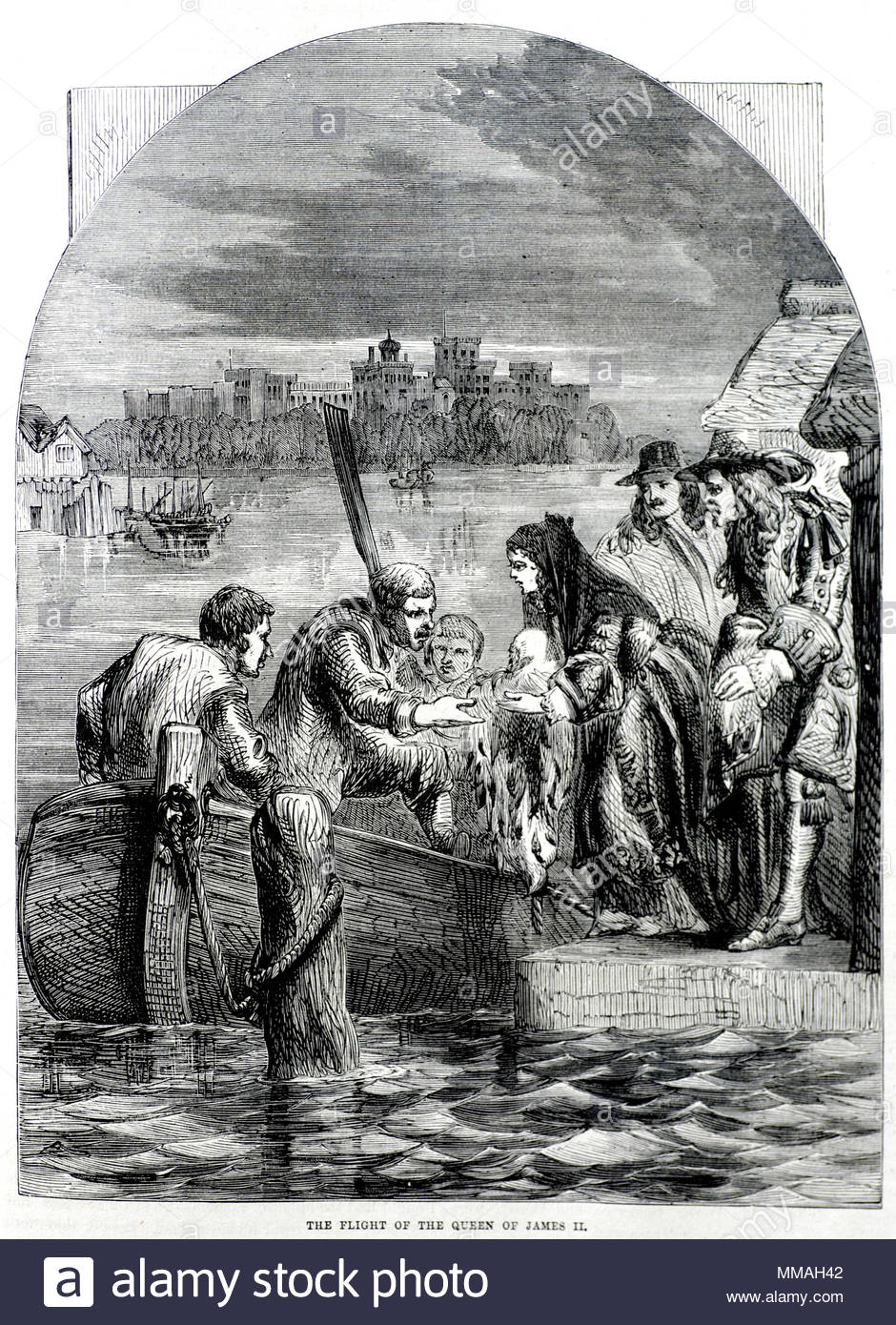 The flight of Mary of Modena to France, the Queen of James II, antique ...