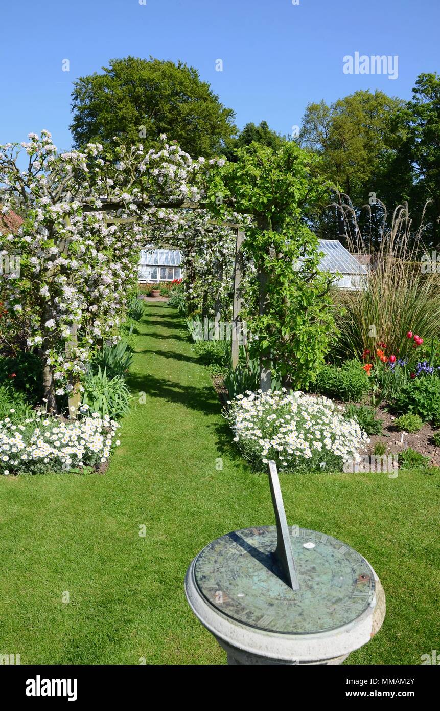 Pergola with apple trees and sundial in gardens of Gunby Hall in Spring ...