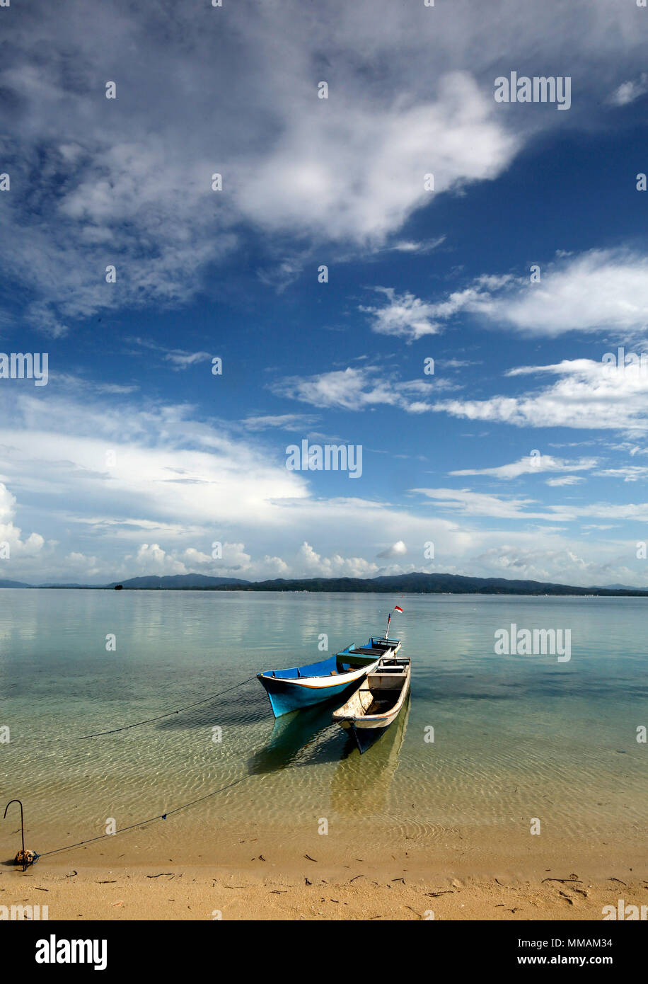 Boats tied up at Bokori Island, Kendari, South East Sulawesi, Indonesia ...