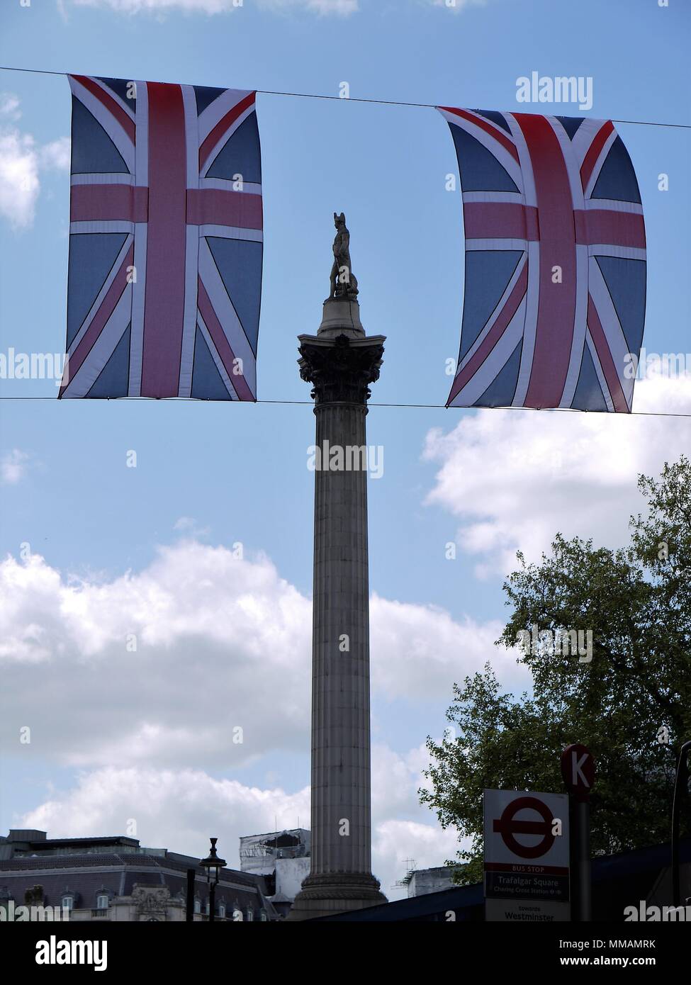 London, may 10, 2018. Union Jack flags on display with Nelson Column ...