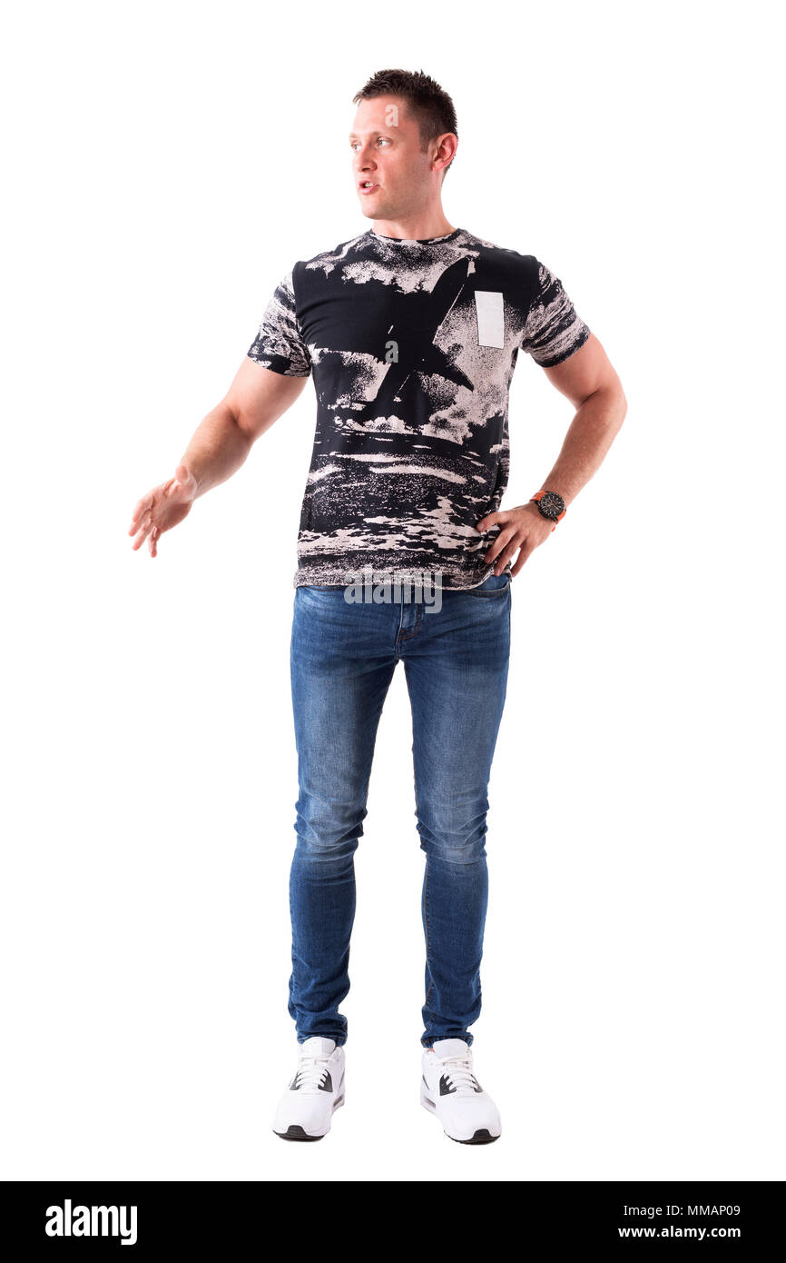 Angry young adult casual man talking explaining something and ...