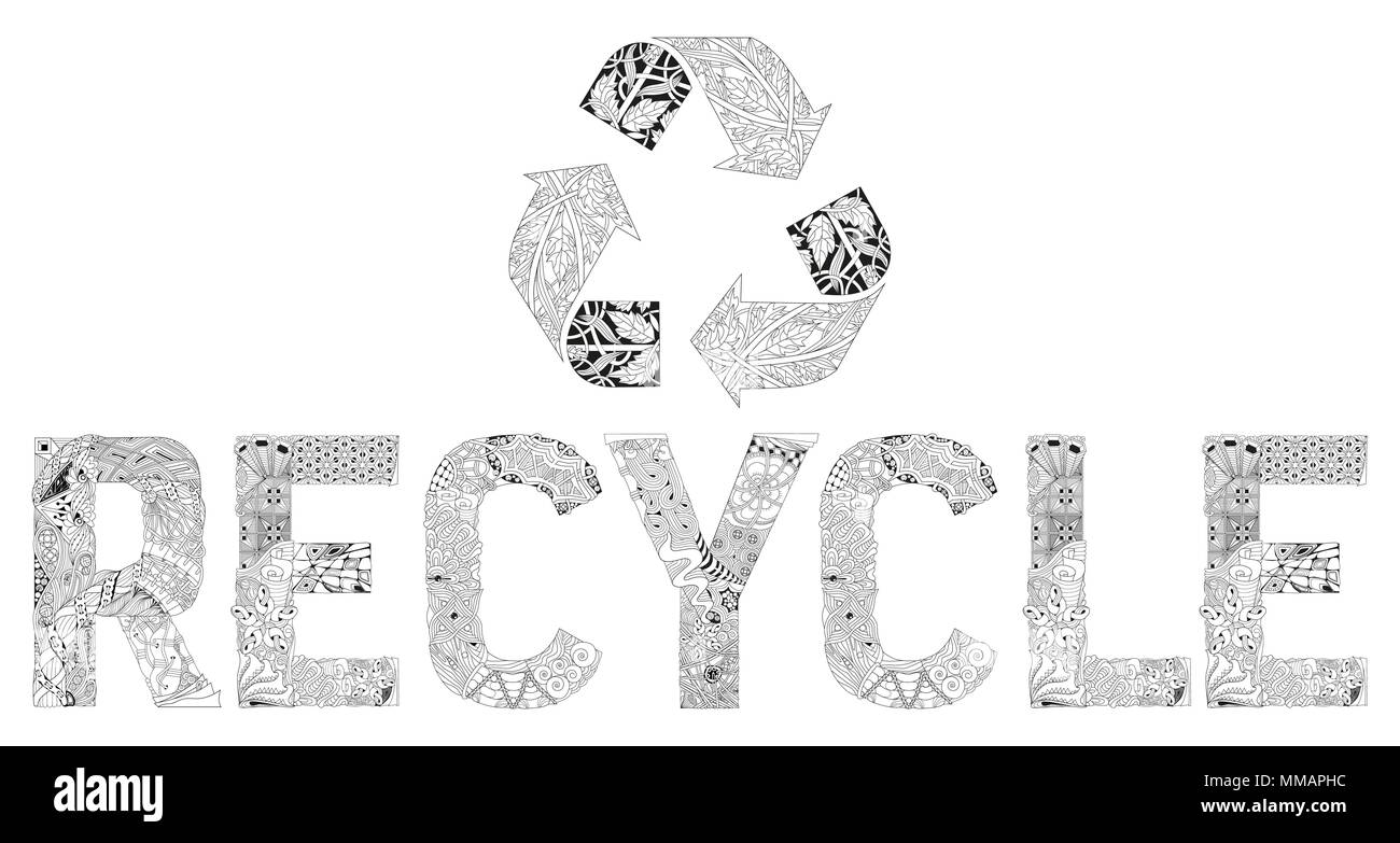 Recycle icon illustration for coloring. Vector decorative zentangle ...