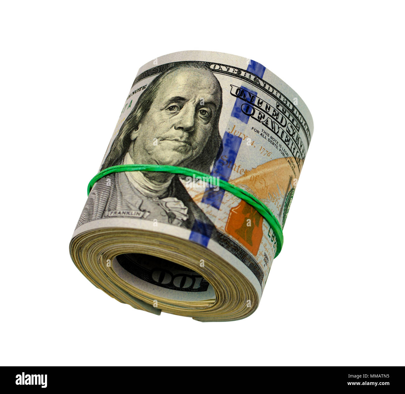 Dollar roll tightened with band. Rolled money isolated on white Stock ...