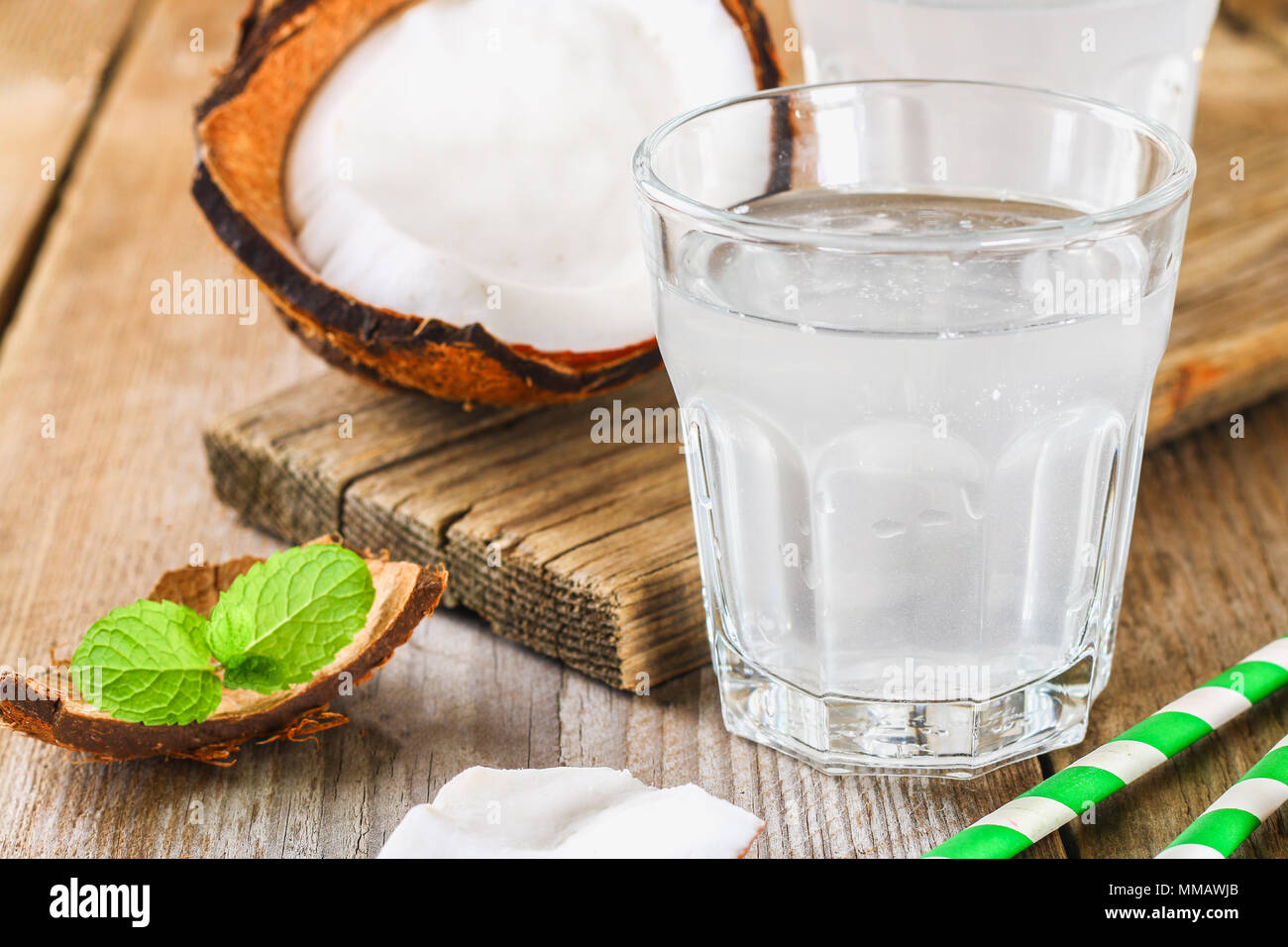 Fresh Organic Coconut Water in a Glass. Food background, selective ...